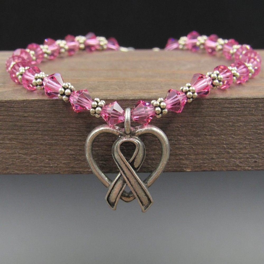 7" Sterling Silver Breast Cancer Charm & Pink Crystal… - Gem